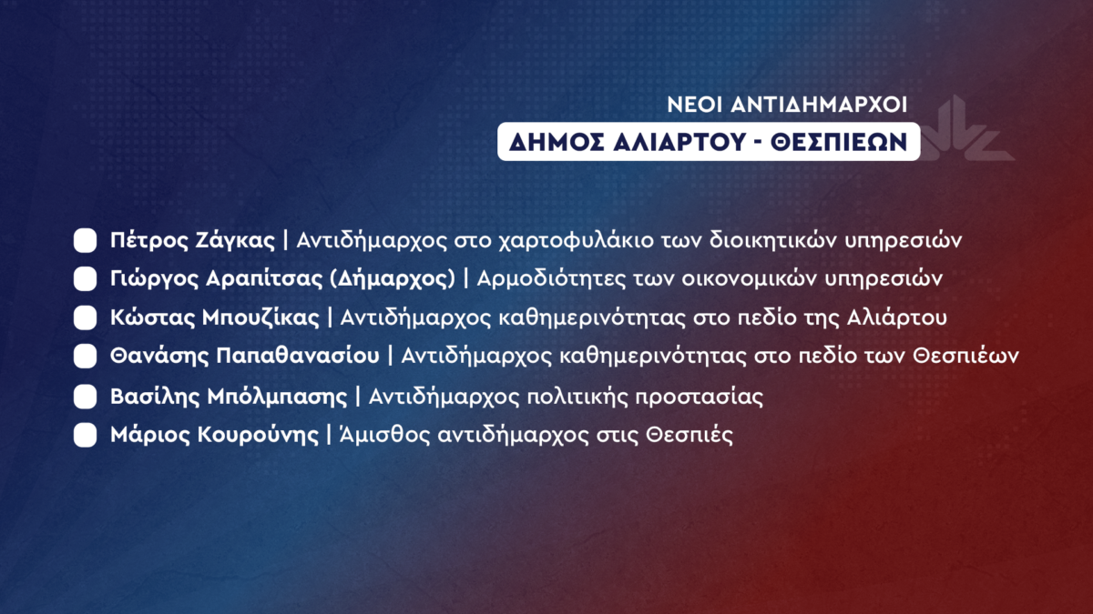 Αντιδήμαρχοι και χαρτοφυλάκια στο Δήμο Αλιάρτου Θεσπιέων – tvstar.gr